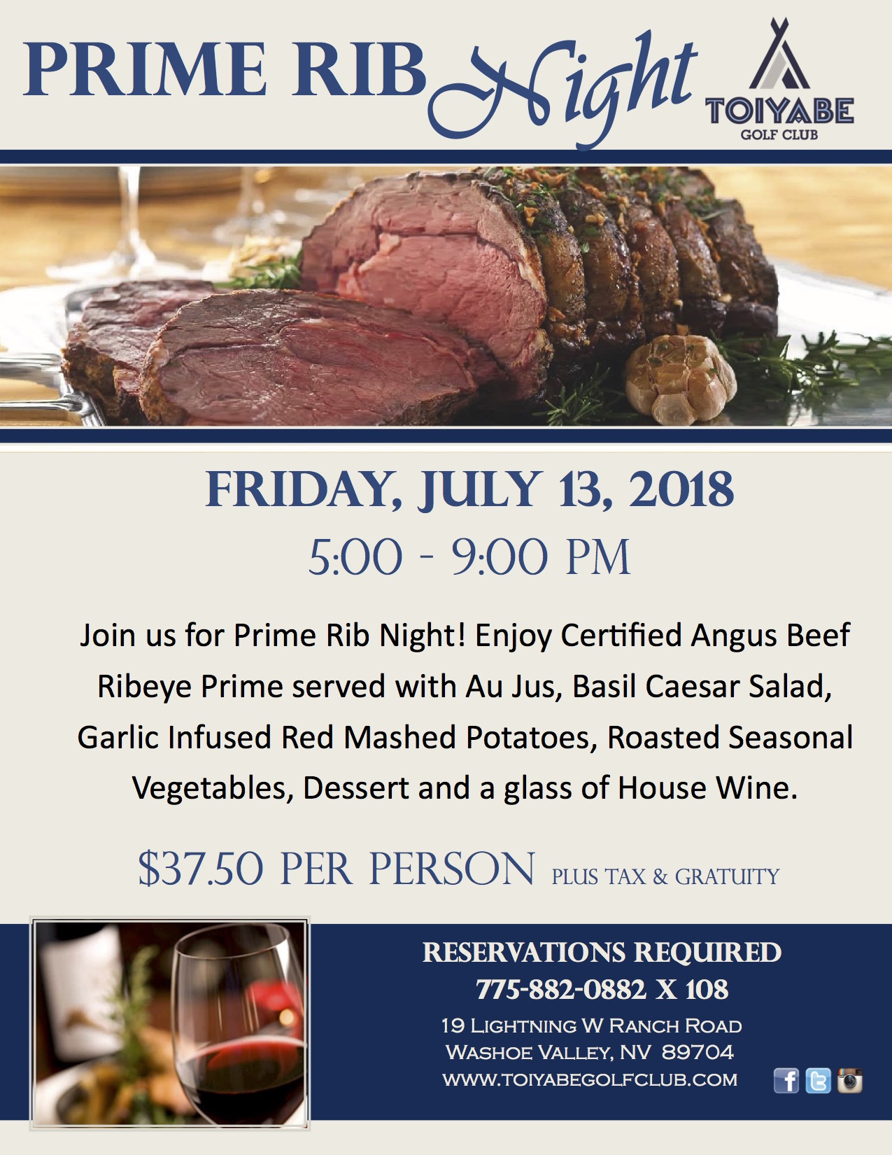 Prime Rib Night | Toiyabe Golf Club | Nevada Events